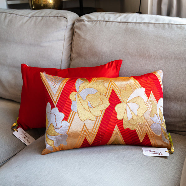 Red Silk Obi Cushion -Gold Flowers and ZigZag – Hunted and Stuffed